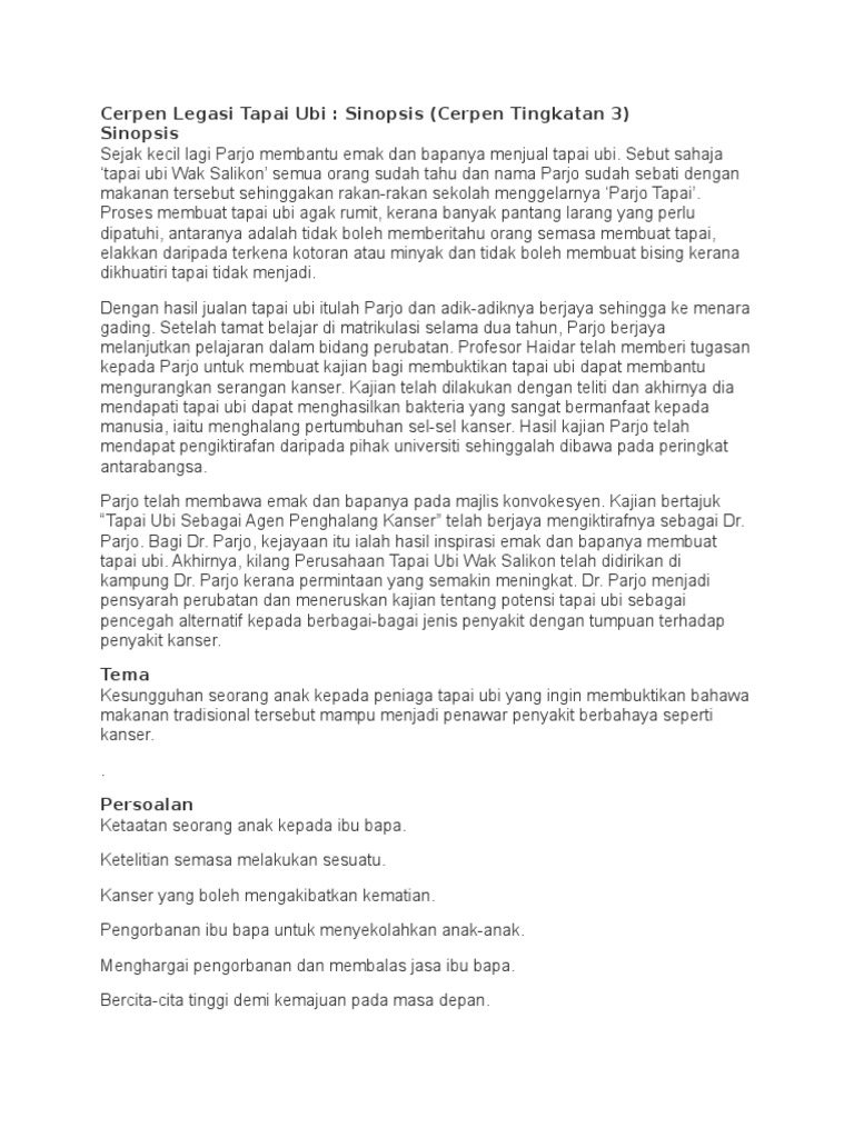 Cerpen Legasi Tapai Ubi | PDF