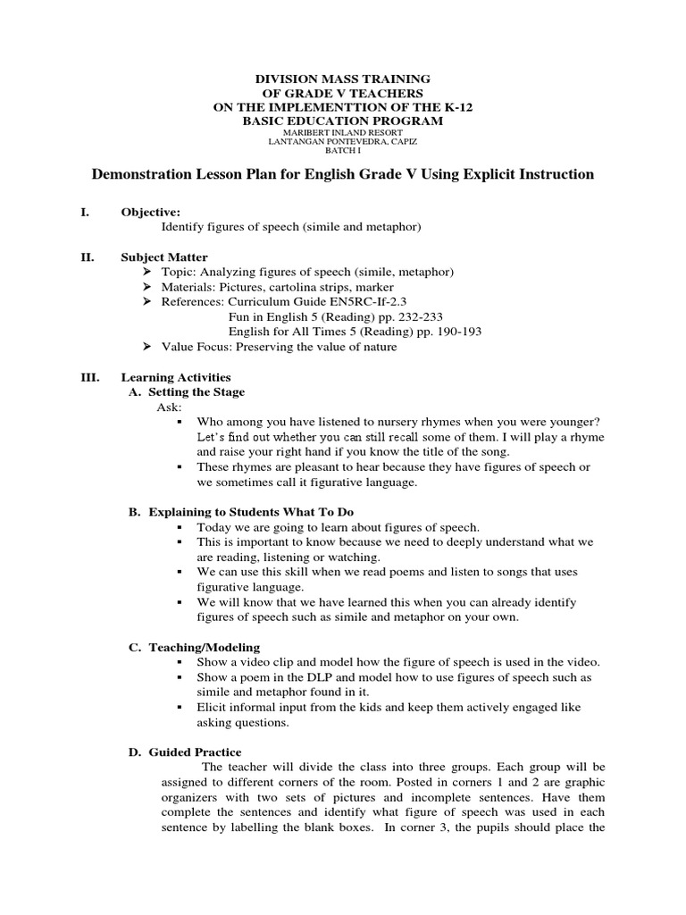 Explicit Instruction Lesson Plan | Download Free PDF | Metaphor | Cognition