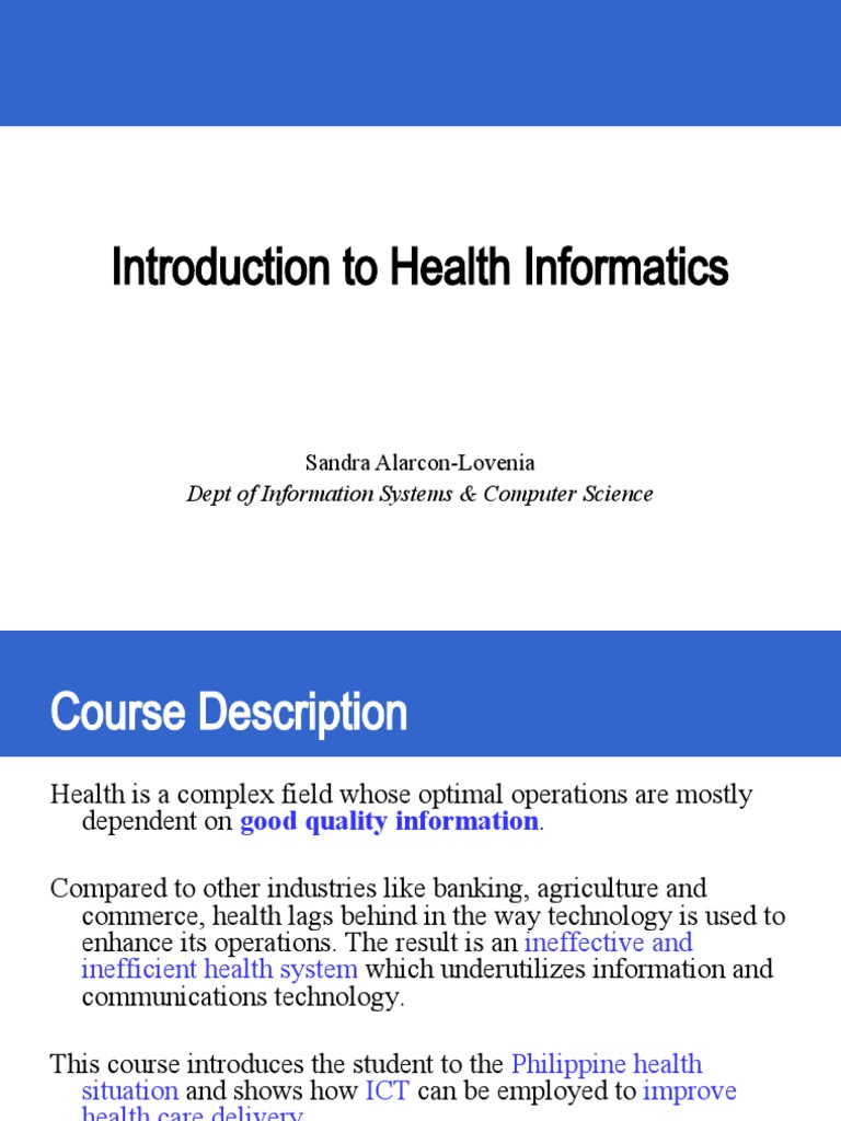 Introduction To Health Informatics: Dept of Information Systems & Computer Science | PDF ...