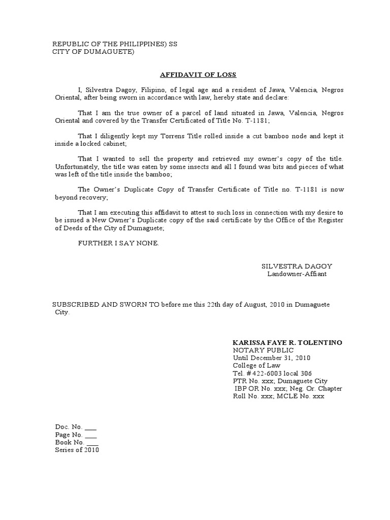 Affidavit of Loss for Land Title | PDF