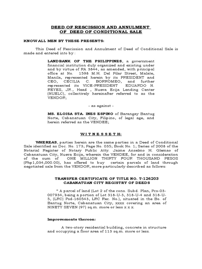 Deed of Rescission and Annulment | PDF | Law And Economics | Civil Law ...