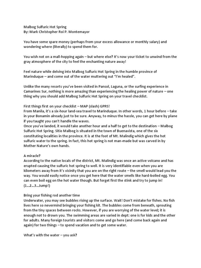 Malbog Sulfuric Hot Spring | PDF | Nature