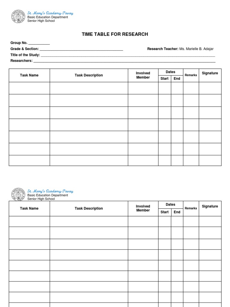 SHS Research Timetable Template | PDF