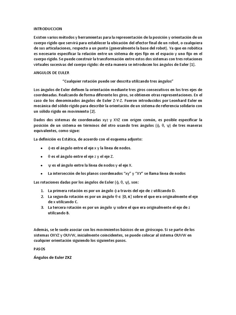 Ángulos de Euler en Robótica | PDF | Rotación | Objetos matemáticos