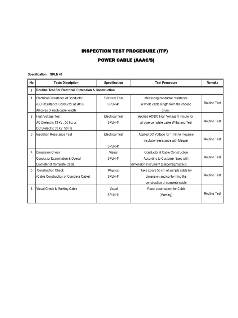 Inspection Test Procedure (Itp) Power Cable (Aaac/S) | PDF | Technology ...