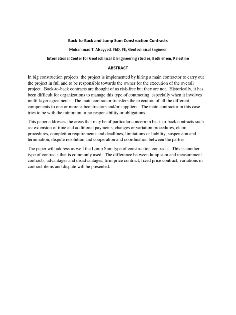 Back-to-Back and Lump Sum Construction Contracts | PDF