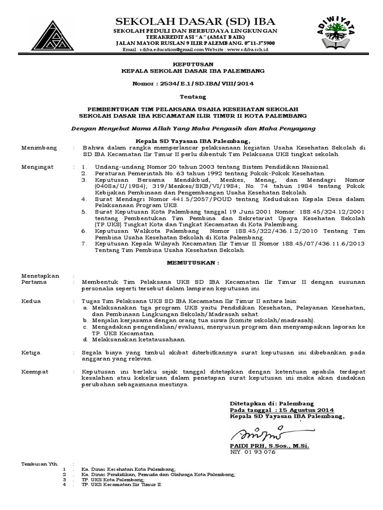 Contoh SK Tim Pelaksana Uks SD Iba | PDF