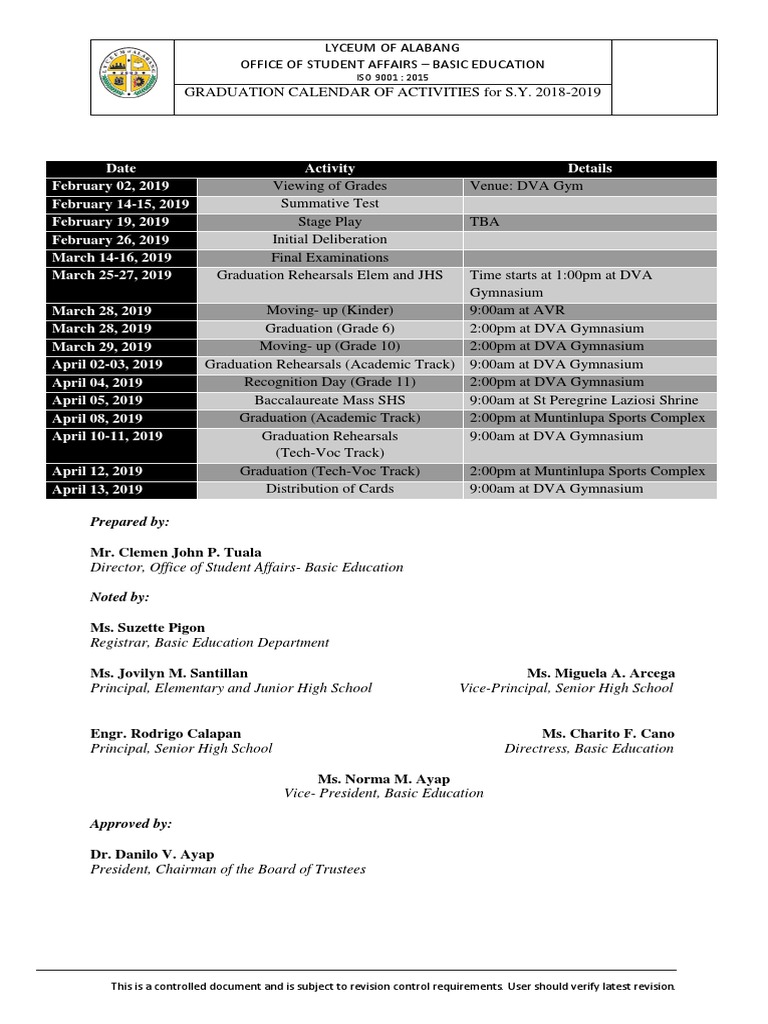 Graduation Events Schedule 2018-2019 | PDF | Educational Organizations ...