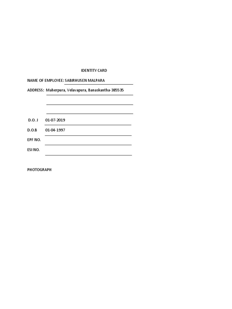 Identity Card For PF | PDF