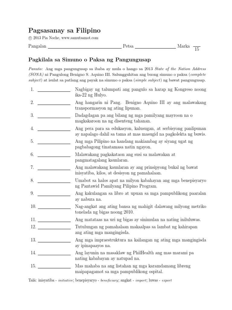 Pagkilala Sa Simuno o Paksa NG Pangungusap - 1 1 PDF | PDF