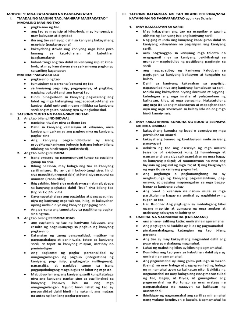 ESP 10 MODYUL 1 MGA KATANGIAN NG PAGPAPAKATAO Handouts | PDF