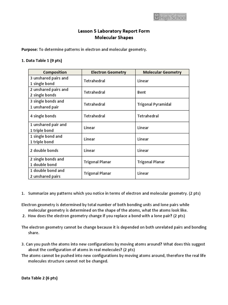Lesson 5 Laboratory Report Form Molecular Shapes | PDF | Covalent Bond ...