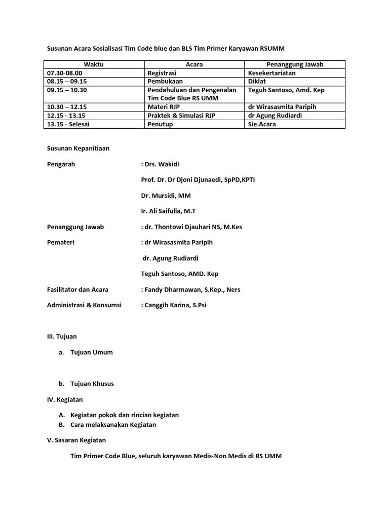 Contoh Rundown ACARA Sosialisasi CODE BLUE | PDF