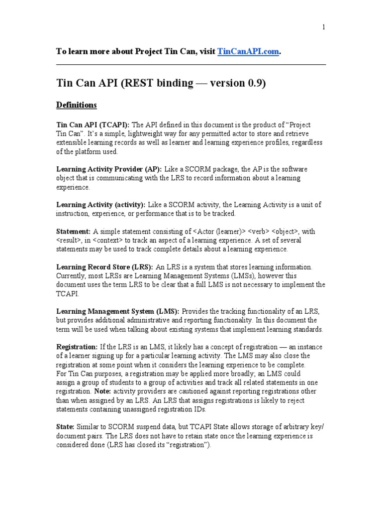 Tin Can API (REST Binding - Version 0.9) : To Learn More About Project ...