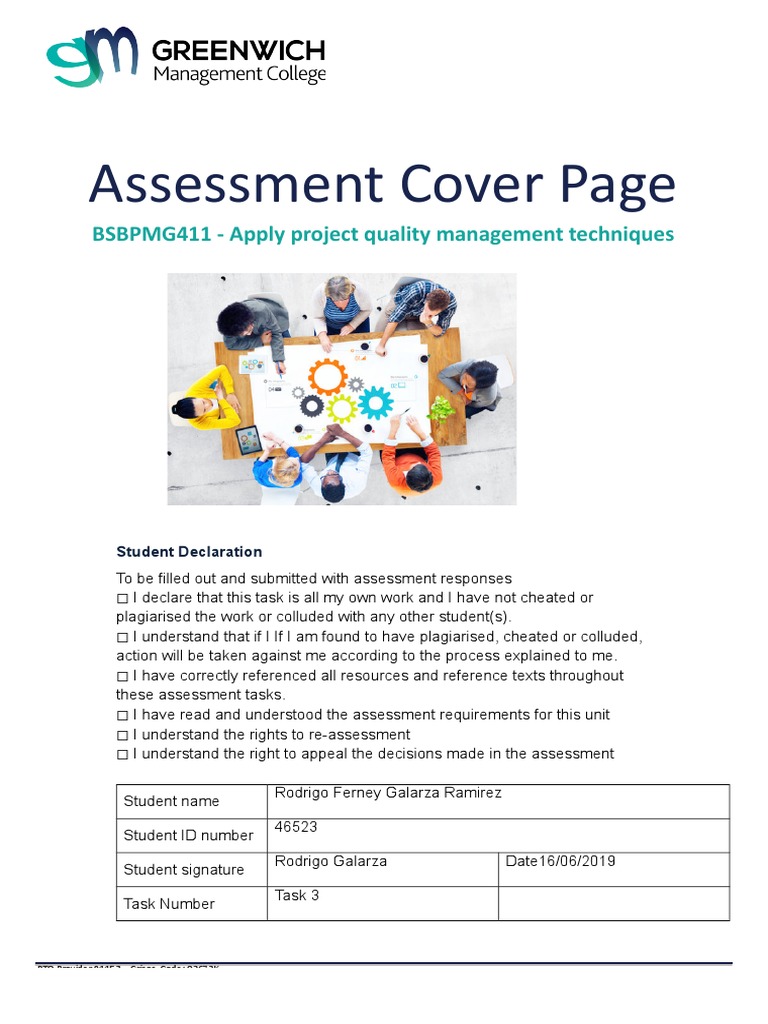 Assessment Cover Page: BSBPMG411 - Apply Project Quality Management Techniques | Descargar ...
