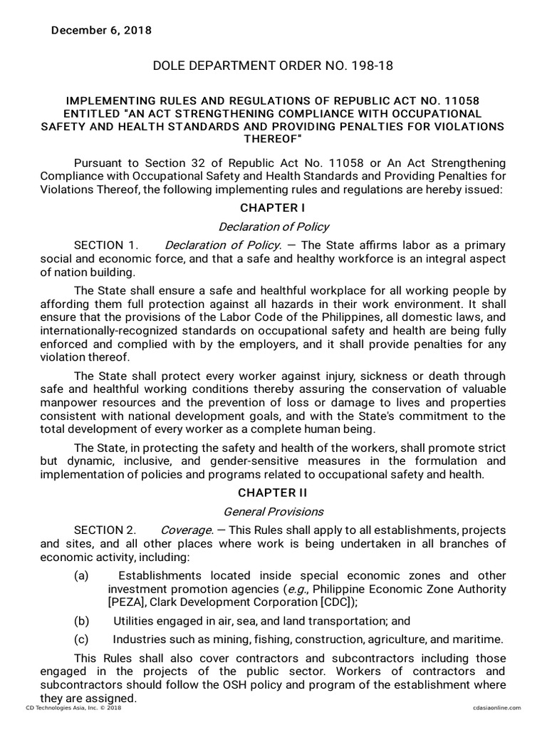 DOLE Department Order No. 198-18 (IRR of R.A. 11058) PDF | PDF ...