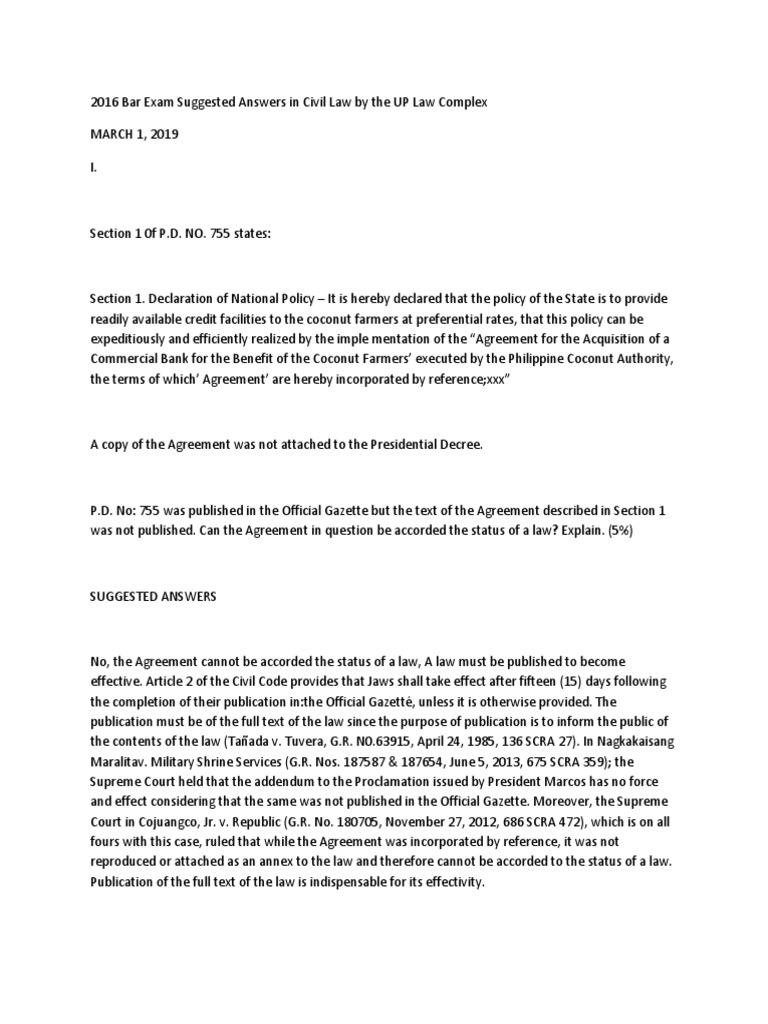 2016 Civil Law Bar Exam Suggested Answers | PDF | Mortgage Law | Guarantee