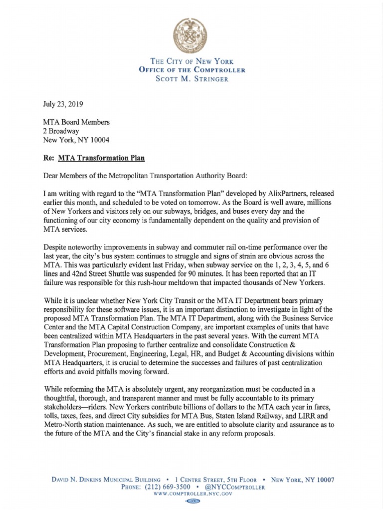 Scott Stringer Letter On MTA Reorganization | PDF