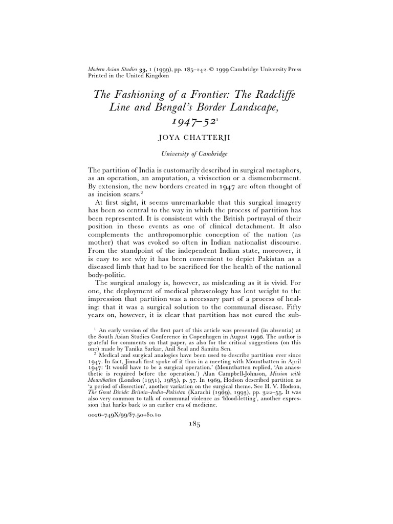 The Fashioning of A Frontier: The Radcliffe Line and Bengal's Border Landscape, 1947-52 | PDF ...