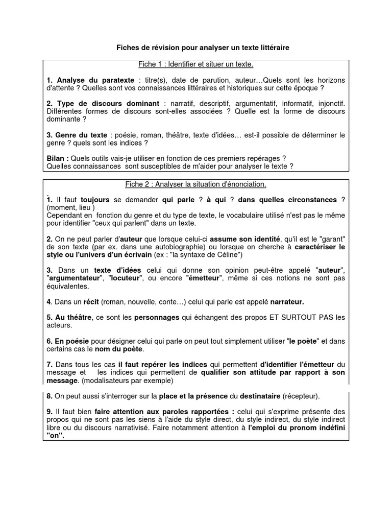 Fiches de Révision Pour Analyser Un Texte Littéraire | PDF | Phrase | Verbe