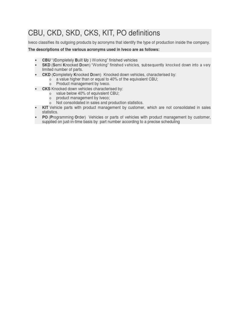 Understanding CBU, CKD, SKD Definitions | PDF