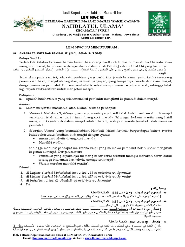 Hasil Keputusan Bahtsul Masa-Il Ke 1 LBM MWC Nu Turen | PDF