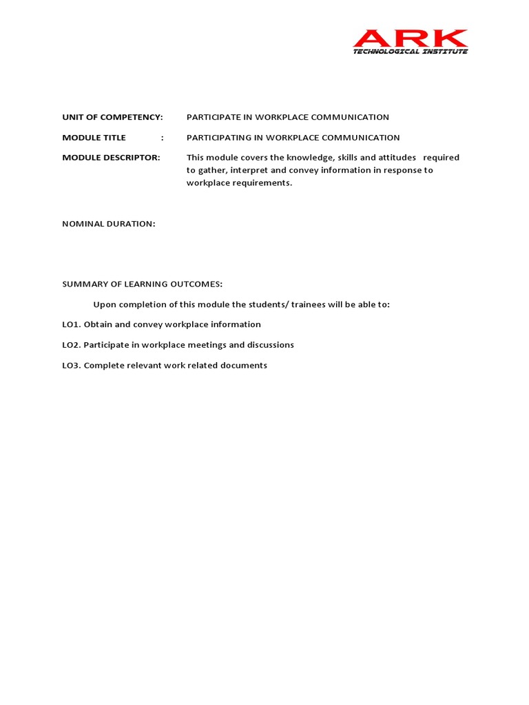 Unit of Competency: Module Title: Module Descriptor | Download Free PDF | Educational Assessment ...