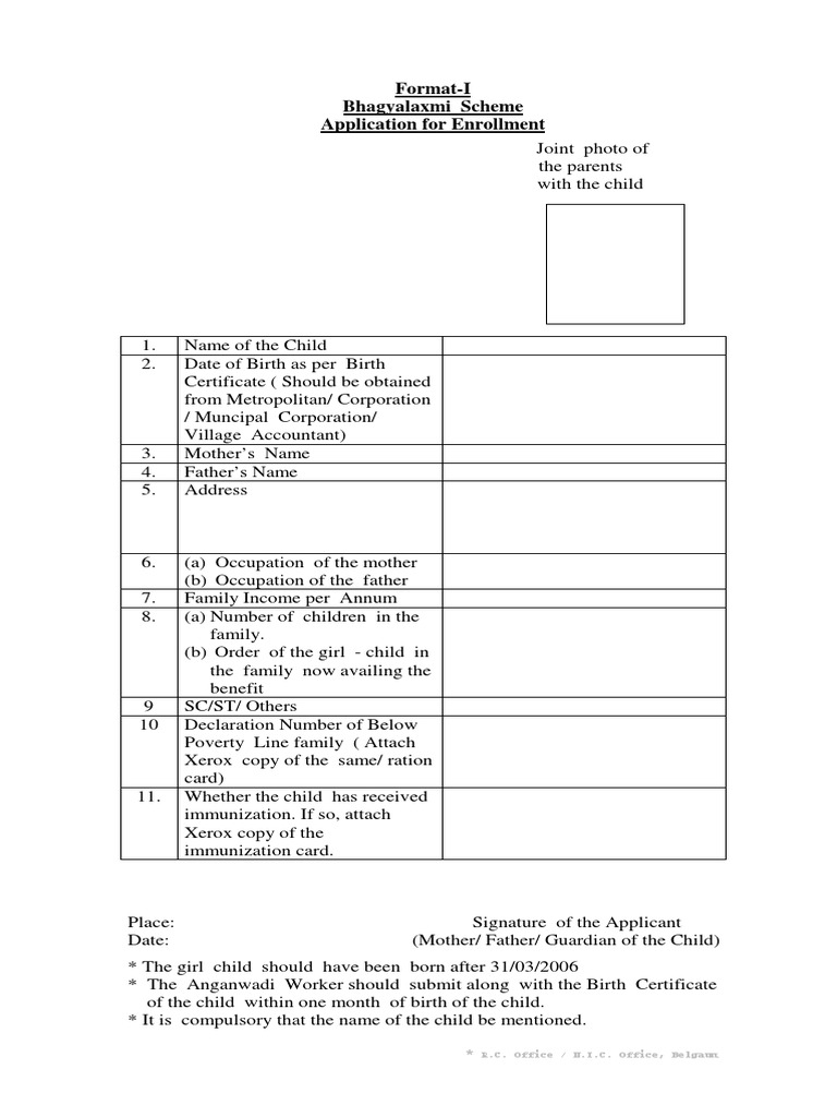 Format-I Bhagyalaxmi Scheme Application For Enrollment: R.C. Office / N ...