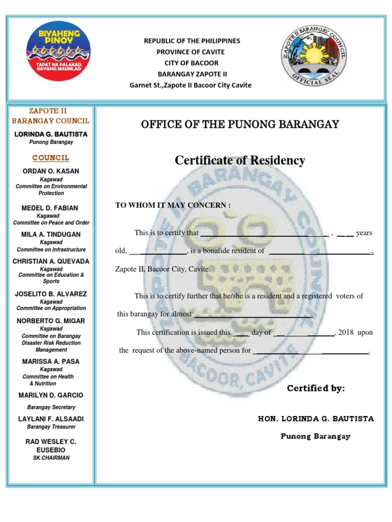 Certificate of Residency: Office of The Punong Barangay | PDF