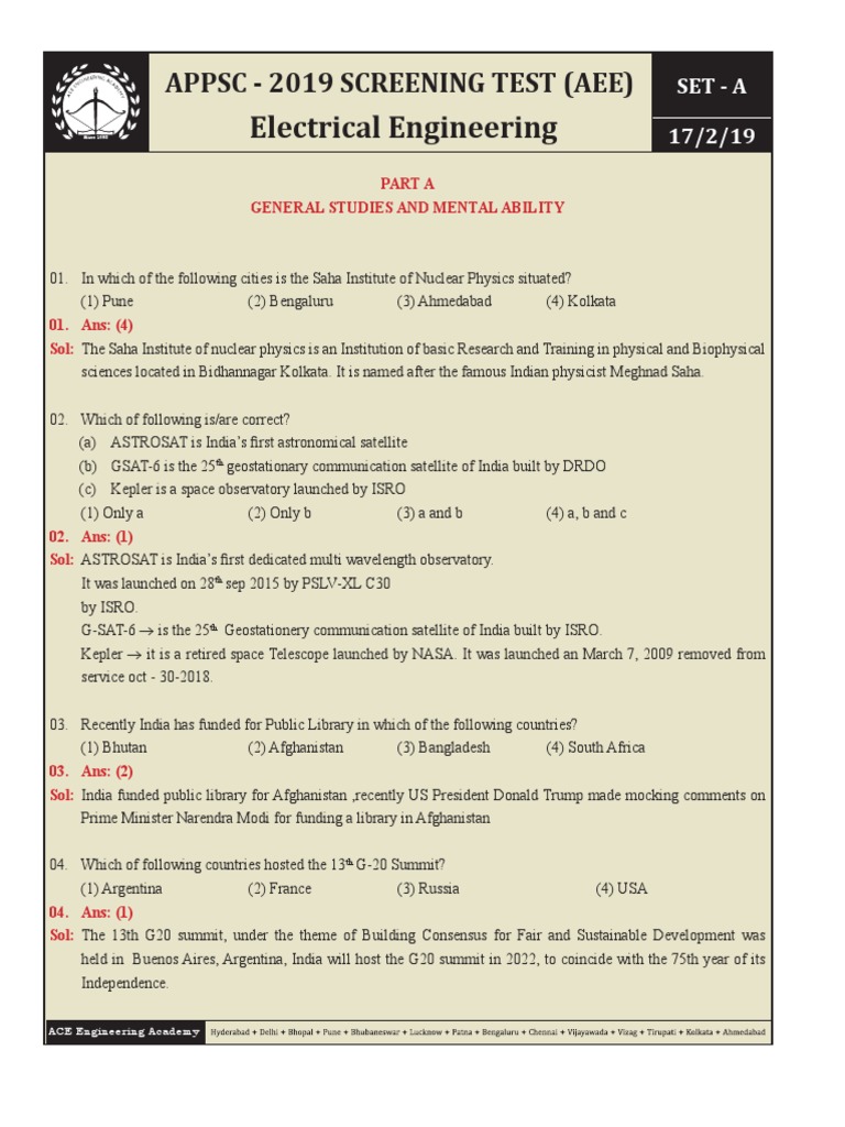 Electrical Engineering: Appsc - 2019 Screening Test (Aee) | PDF ...
