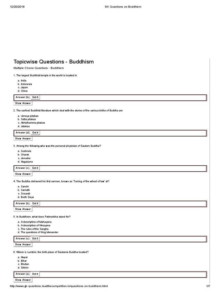 GK Questions On Buddhism PDF | PDF | Gautama Buddha | Indian Philosophy