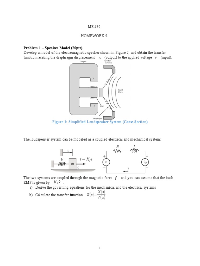 Problem 1 - Speaker Model (20pts) : Figure 1: Simplified Loudspeaker ...