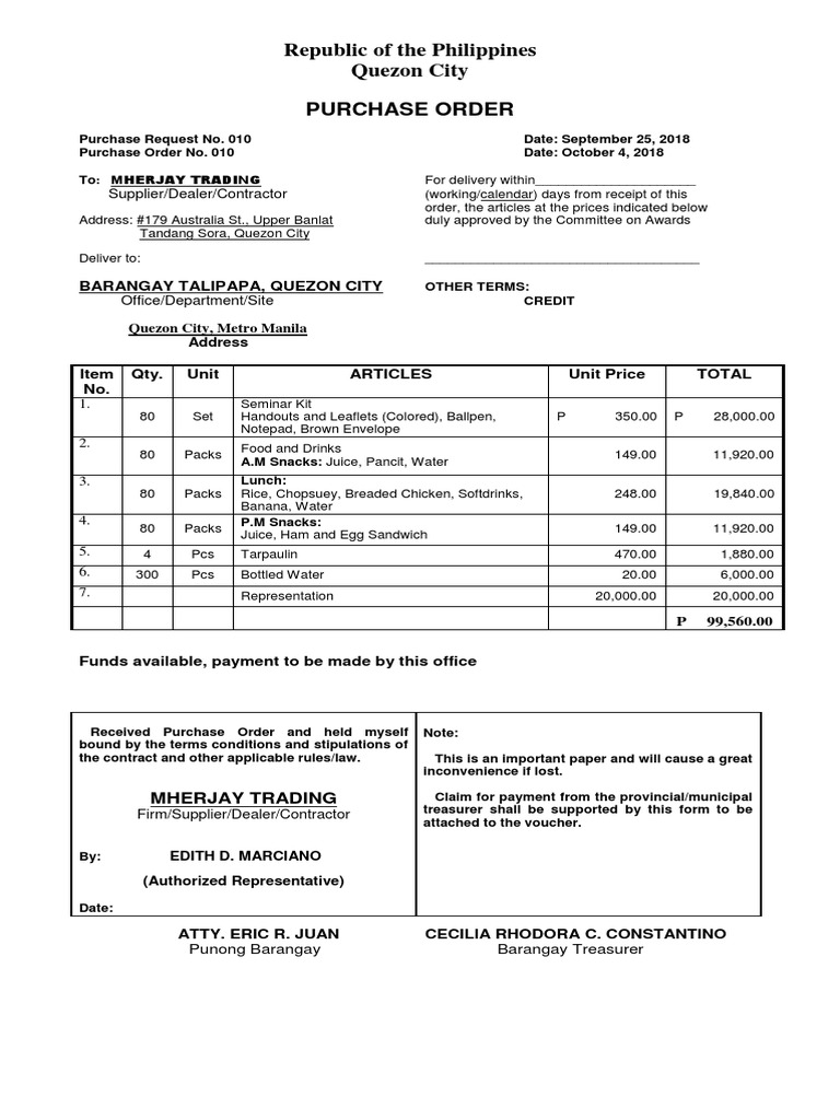 Republic of The Philippines Quezon City Purchase Order | PDF | Food And ...