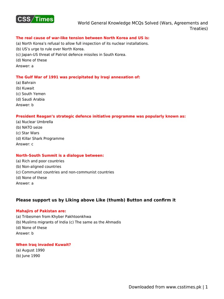 World General Knowledge Mcqs Solved Wars Agreements And Treaties