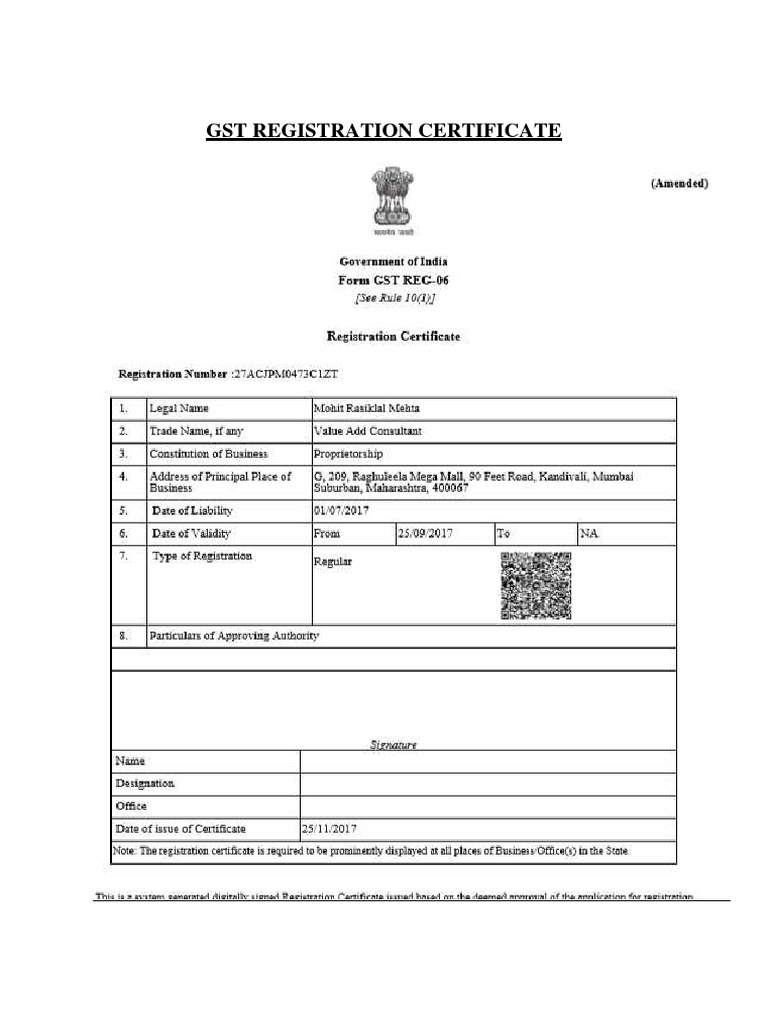 GST Registration Certificate | PDF
