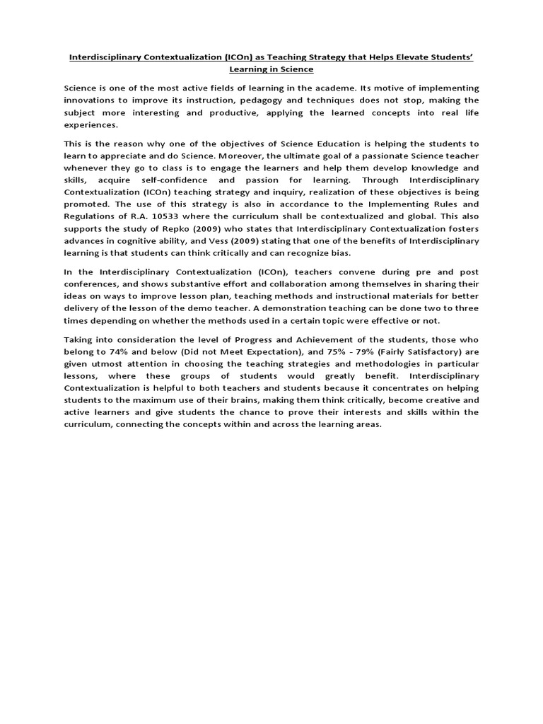 Interdisciplinary Contextualization (Icon) As Teaching Strategy That ...