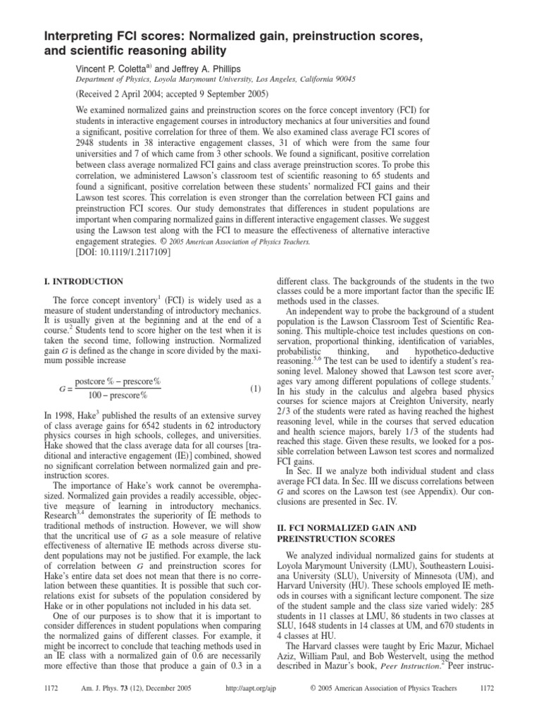 Interpreting FCI Scores: Normalized Gain, Preinstruction Scores, and ...
