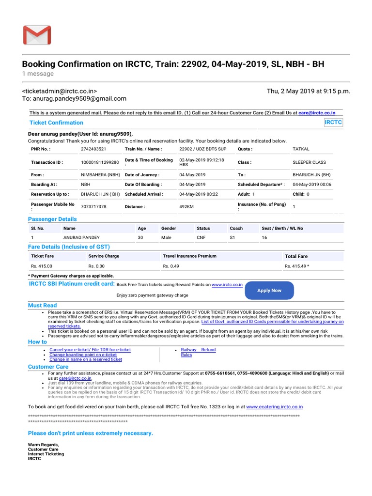 Gmail - Booking Confirmation On IRCTC, Train: 22902, 04-May-2019, SL, NBH - BH | PDF | Credit ...