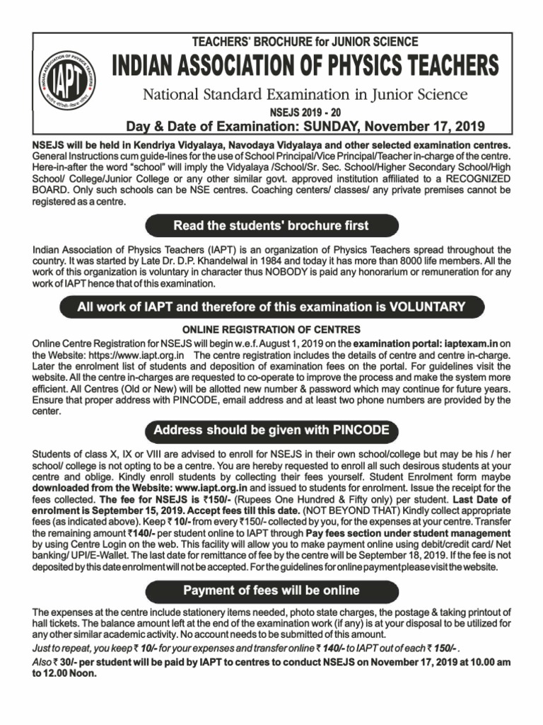 Teachers Brochure NSEJS 2019 | PDF | Payments | Debit Card