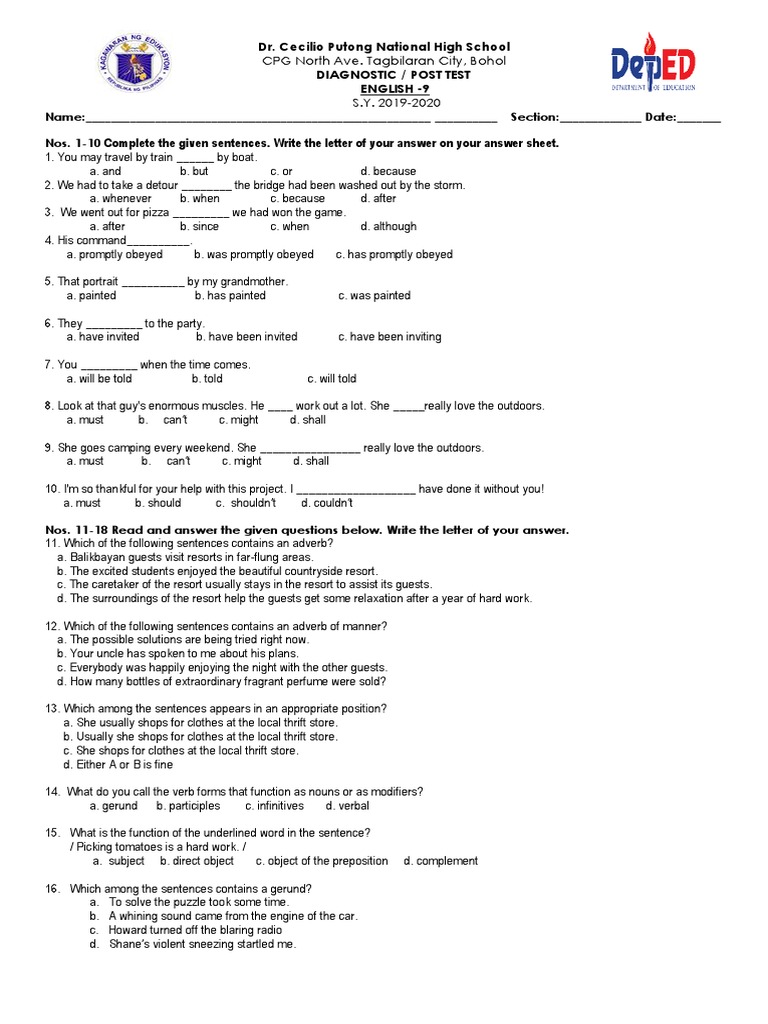 Complete The Given Sentences. Write The Letter of Your Answer On Your ...