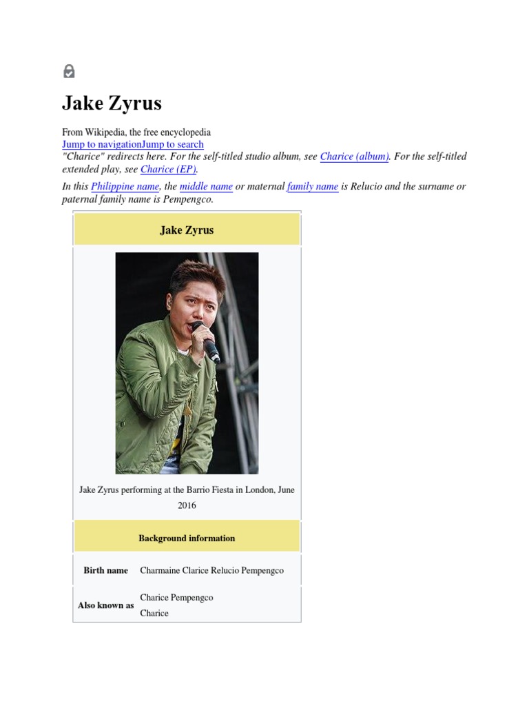 Jake Zyrus: Charice (Album) Charice (EP) Philippine Name Middle Name ...