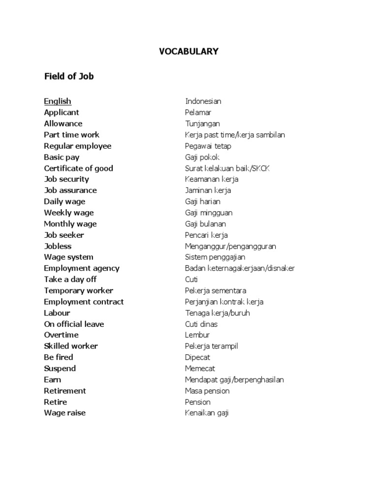 Vocabulary Field of Job | PDF