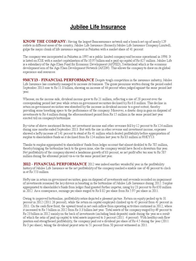 Jubilee Life Insurance: Know The Company | PDF | Revenue | Investing
