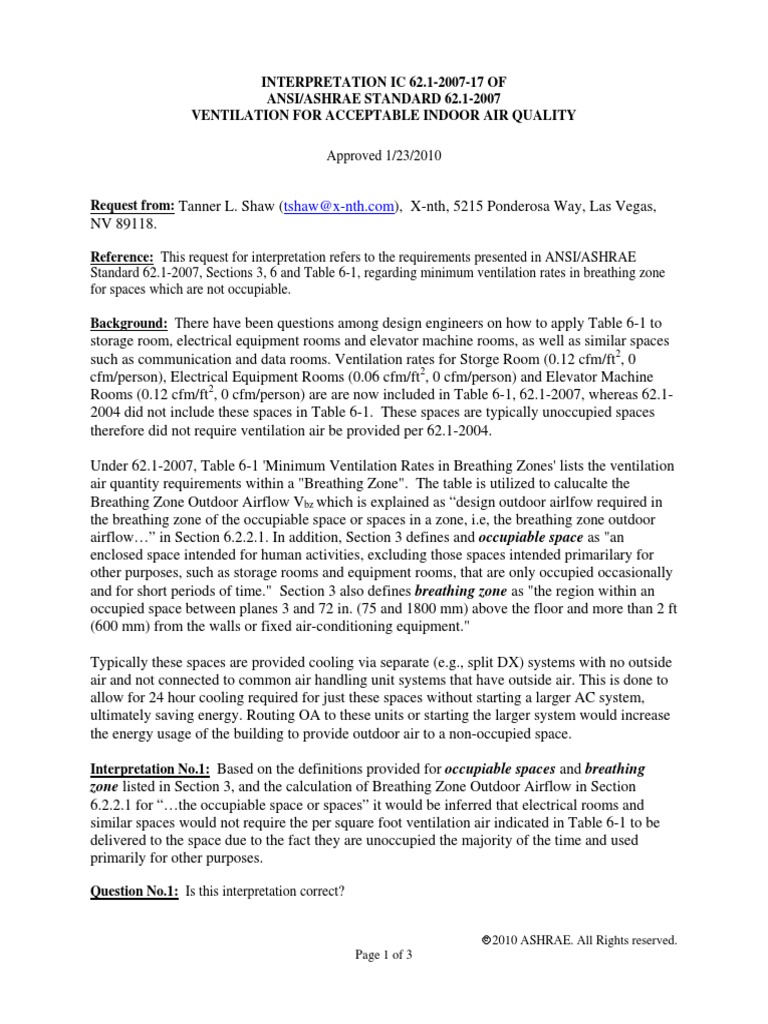 Interpretation of ANSI - ASHRAE 62 | PDF | Ventilation (Architecture ...