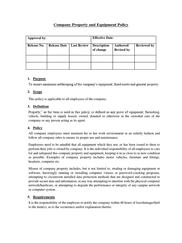 Company Equipment Use and Responsibility Policy | PDF | Property | Theft
