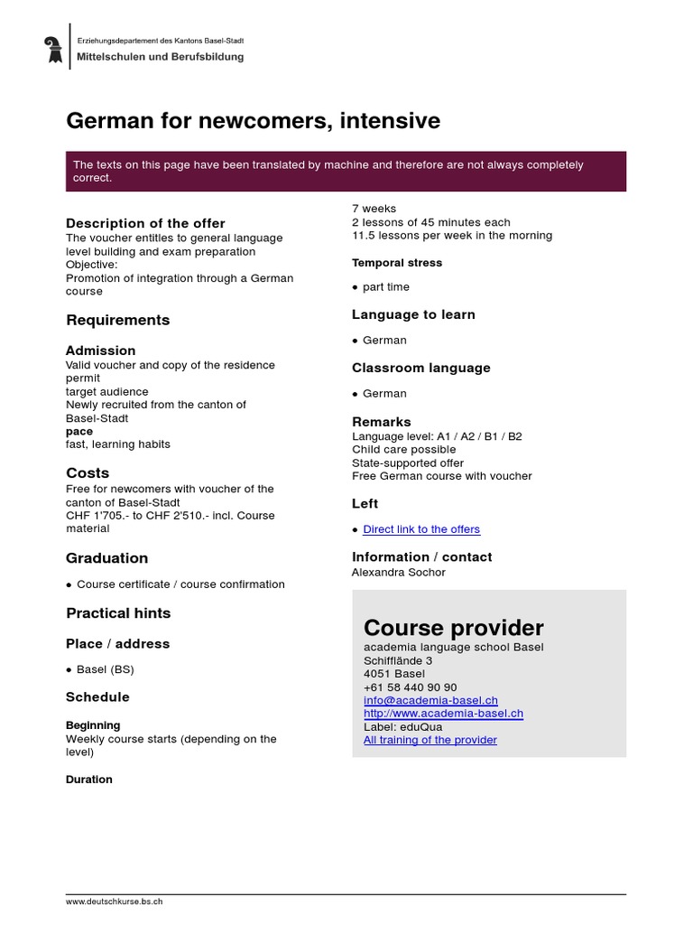 Free German Courses for Newcomers in Basel | PDF
