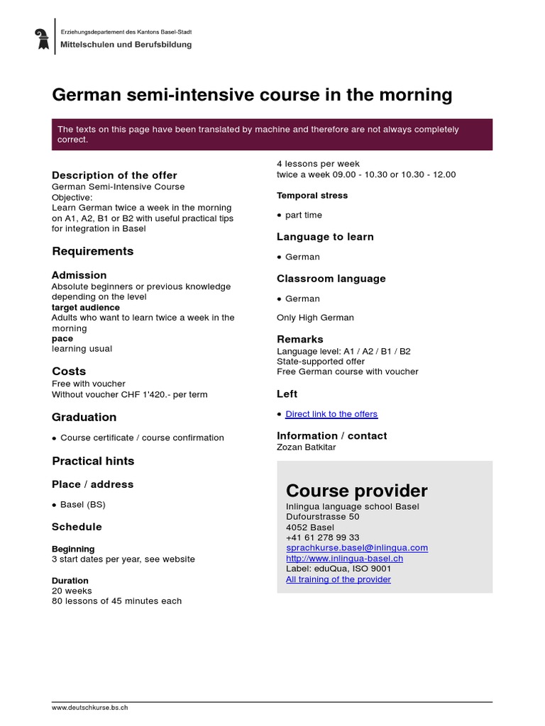 German Semi-Intensive Course in The Morning | PDF