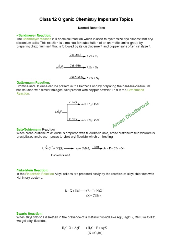 Class 12 Organic Chemistry Named Reactions | PDF | Amine | Aldehyde