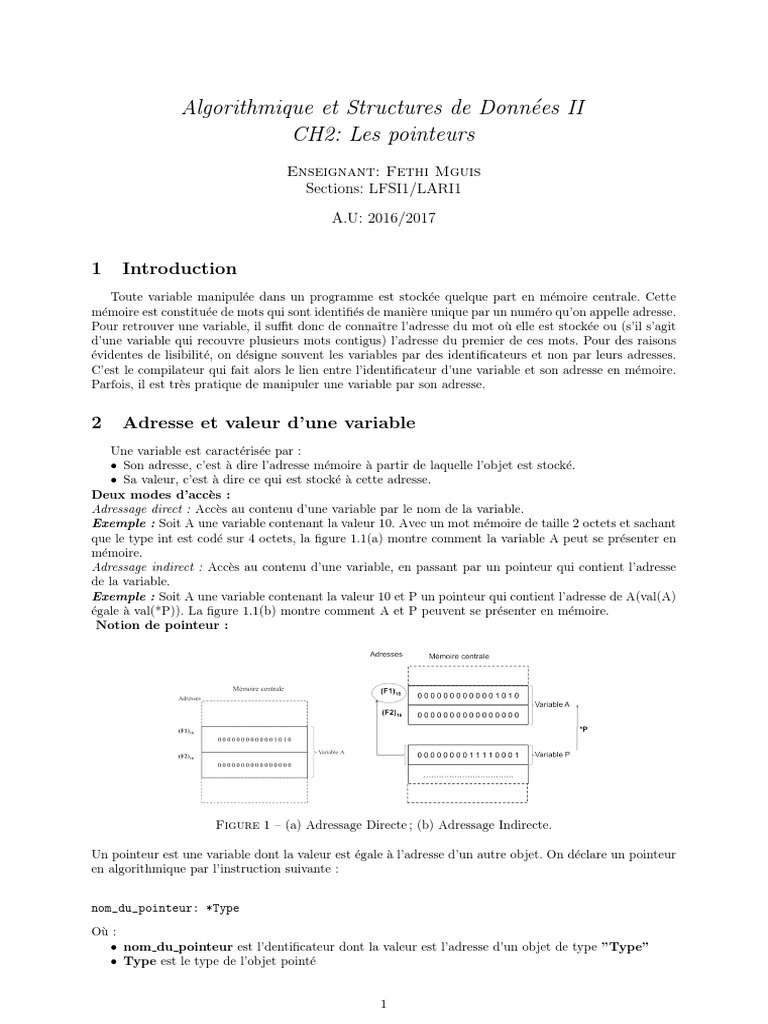 Algorithmique Et Structures de Donn Ees II CH2: Les Pointeurs | PDF | Pointeur (programmation ...