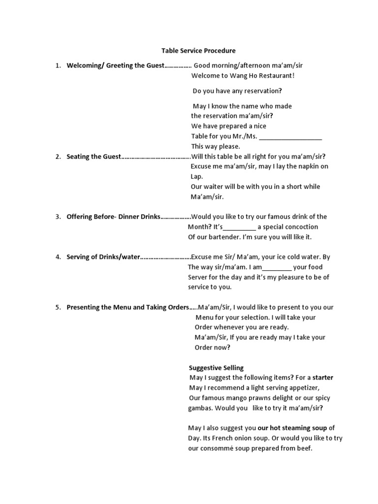 Table Service Procedure | PDF | Food And Drink | Cooking